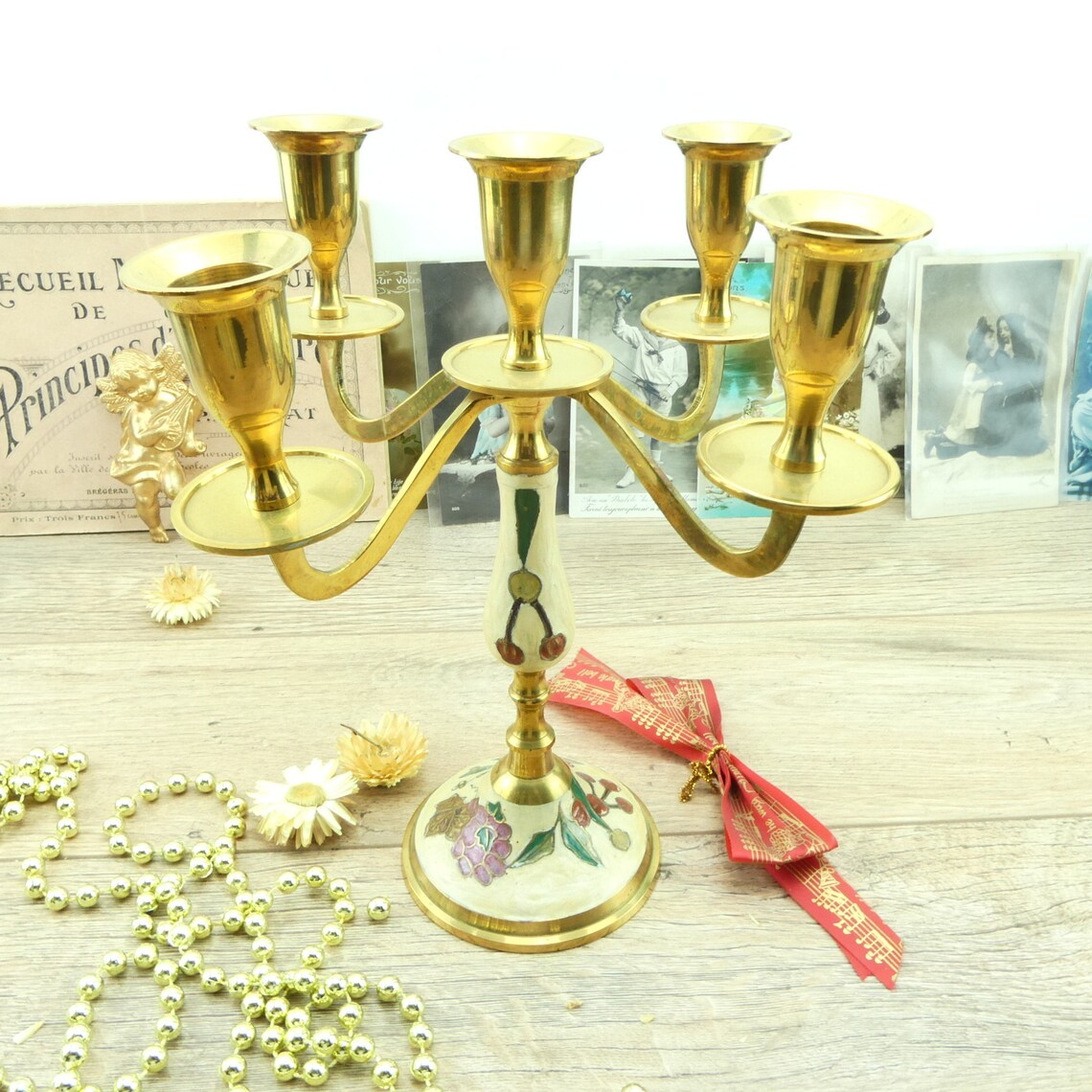 Pair of Old Gilded Brass Candlesticks With Colored Enameling, Old ...