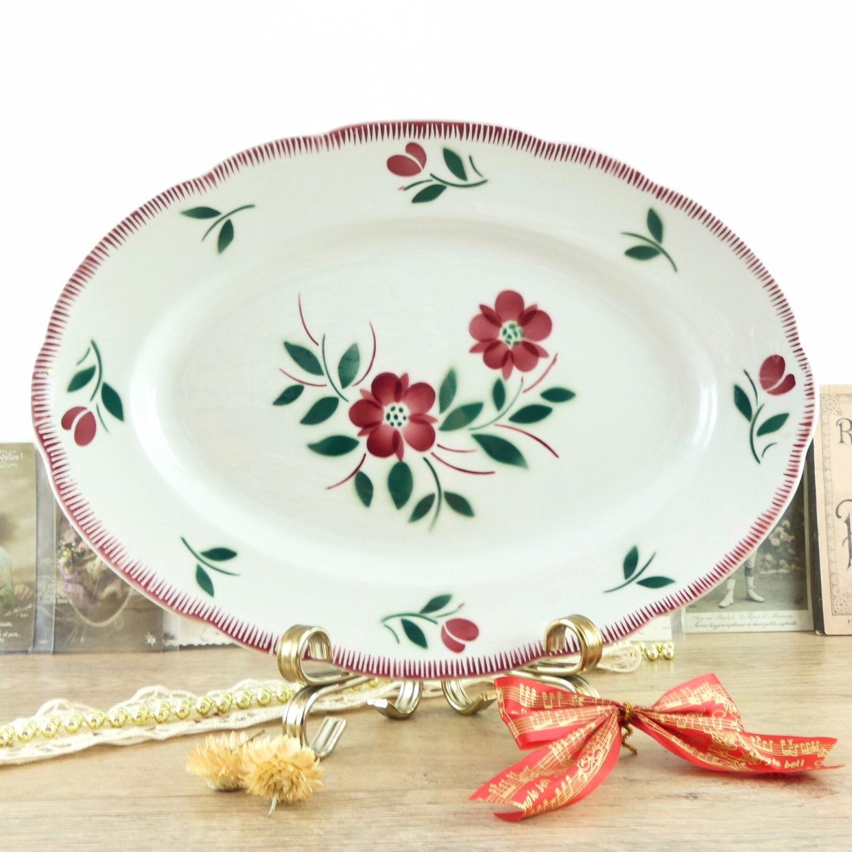 Vintage oval dish decorates small flowers 1950, old serving dish, long ...