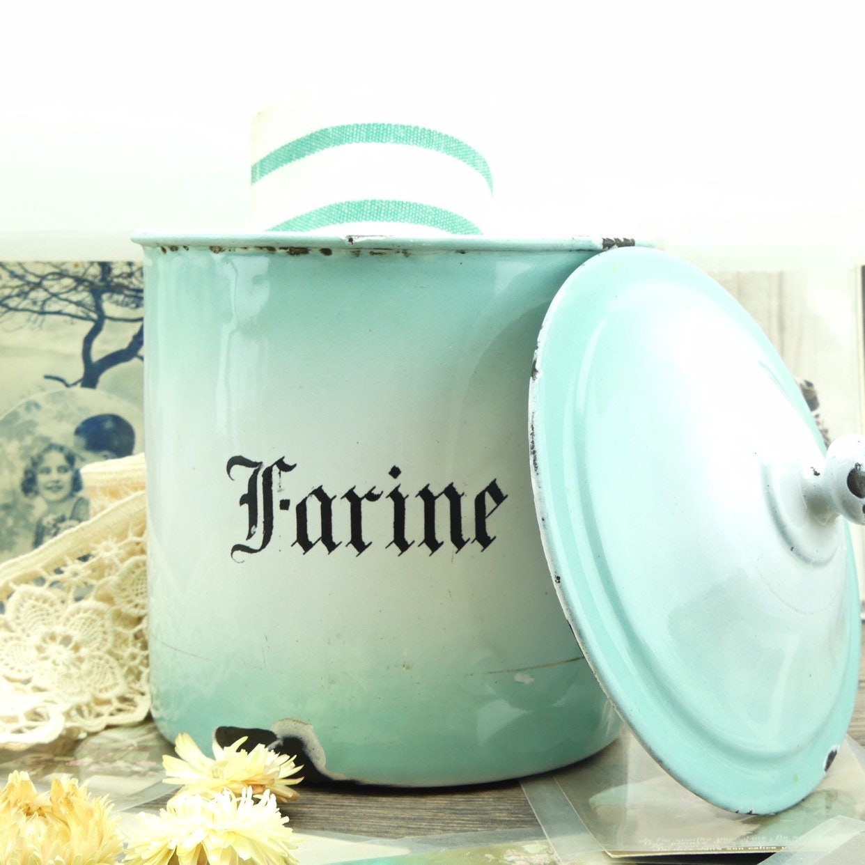 RESERVED TO JESS - Large flour pot made of enamelled sheet metal ...