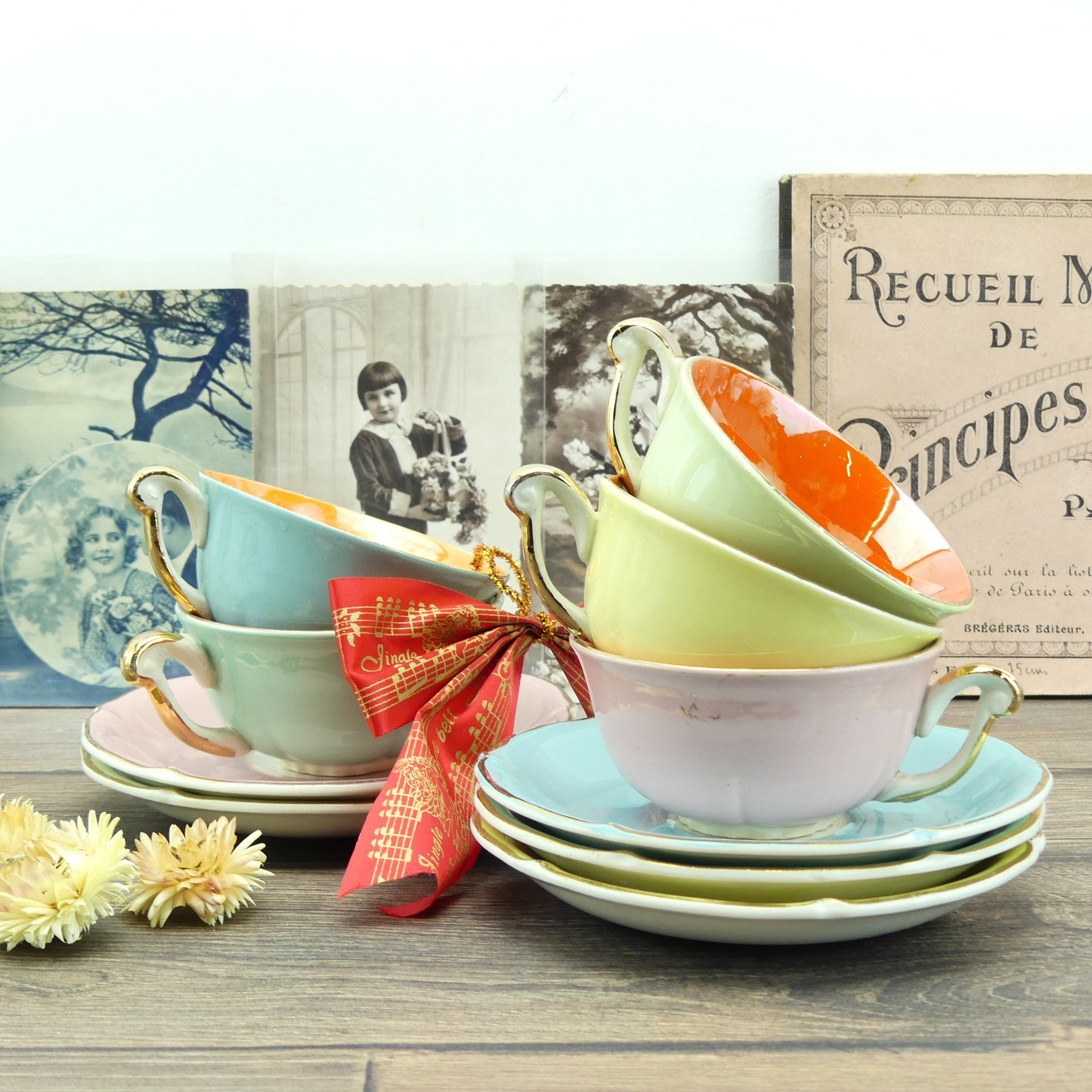 Colorful French coffee cups 1950 Trianon-old French mugs Shabby Chic ...