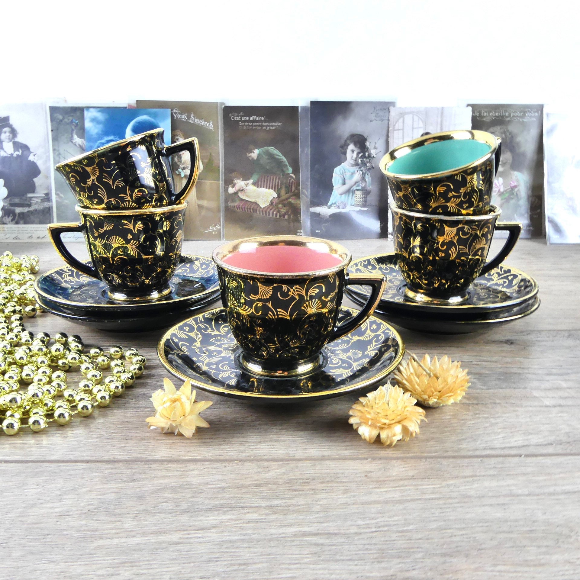 Black and gold coffee cups, 1950s cups, vintage coffee cups, old cups