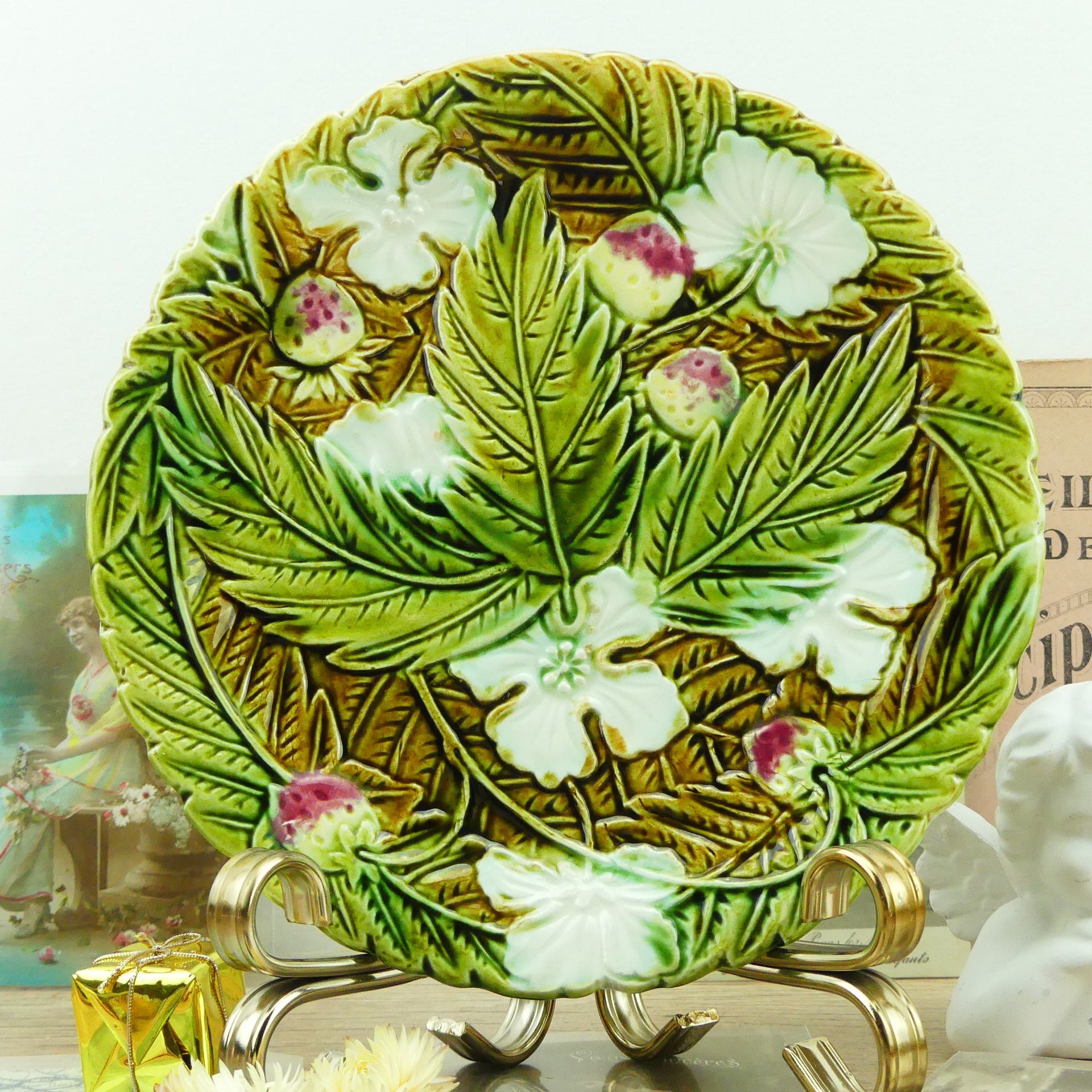 Antique barbotine plate with flowers - French plate 19th century ...