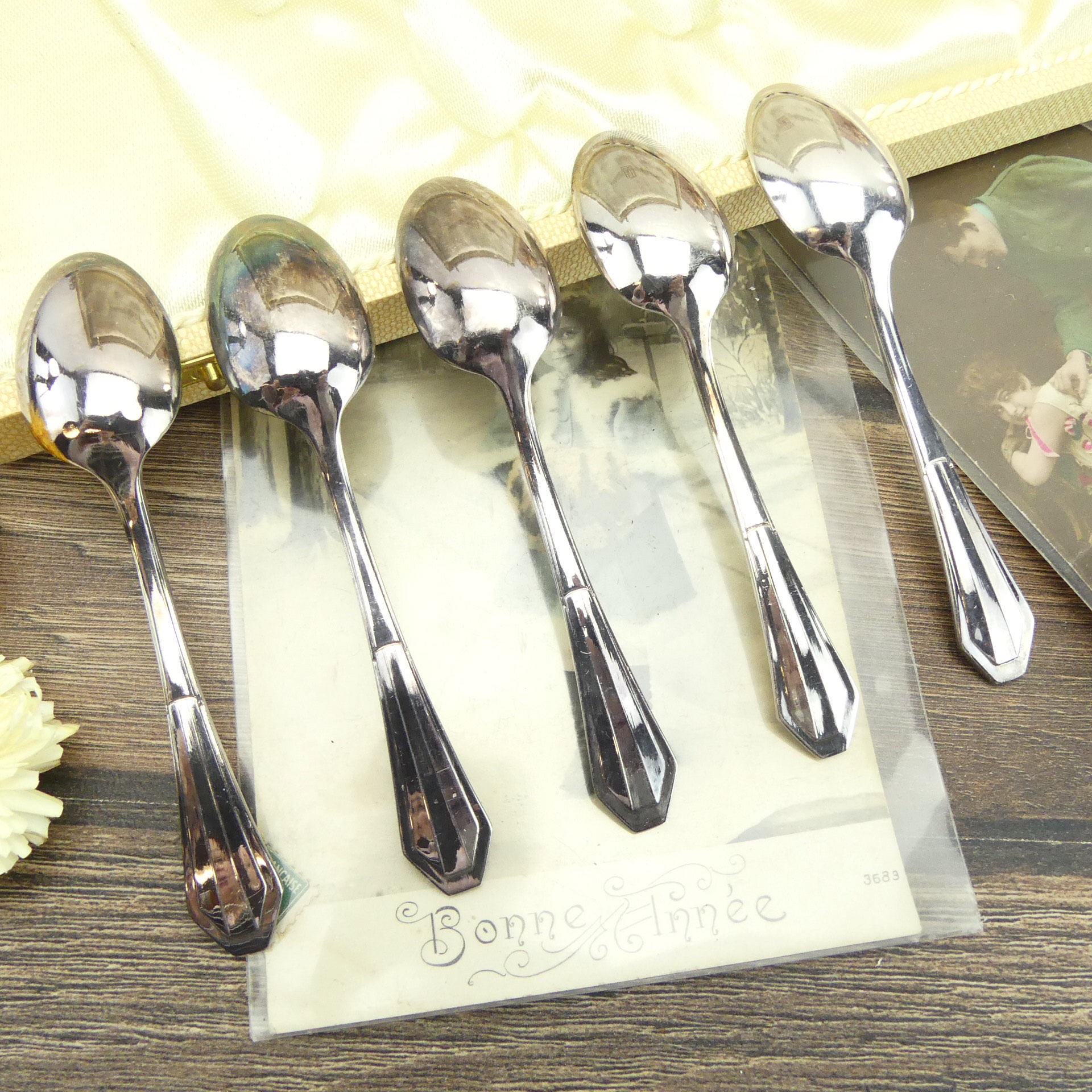 Old silver metal spoons, vintage dessert spoons, box of old spoons