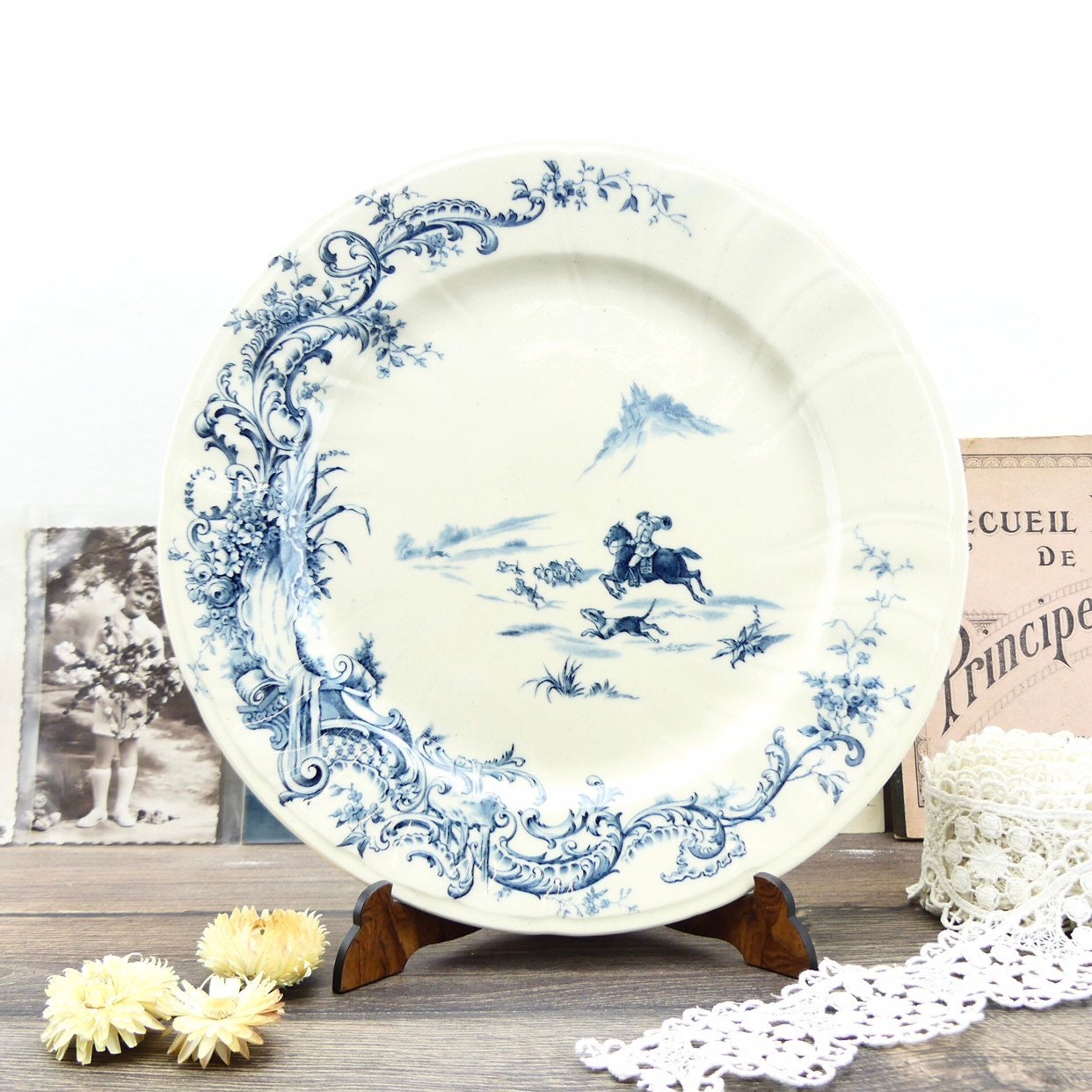 French plate Gien 19th century blue hunting décor, former large plate ...