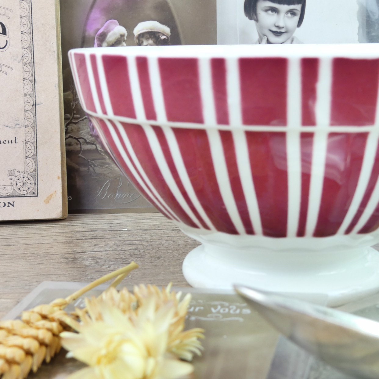 Grand Bol Digoin with stripes, vintage French coffee bowl