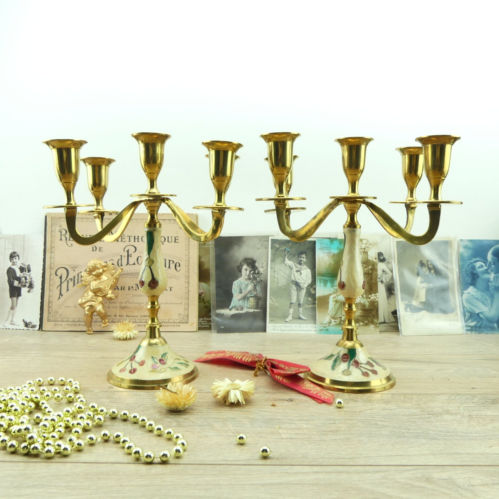 Pair of Old Gilded Brass Candlesticks With Colored Enameling, Old ...