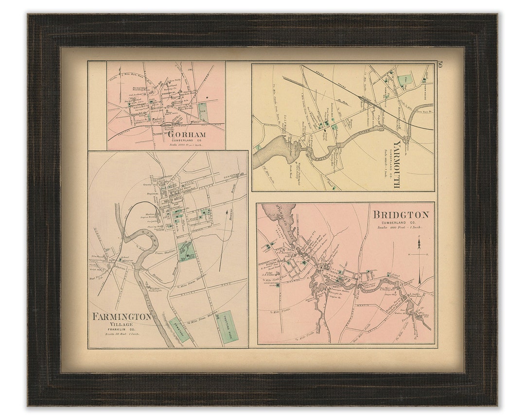 Yarmouth, Bridgeton, Farmington and Gorham, Maine 1890 Map, Replica or ...