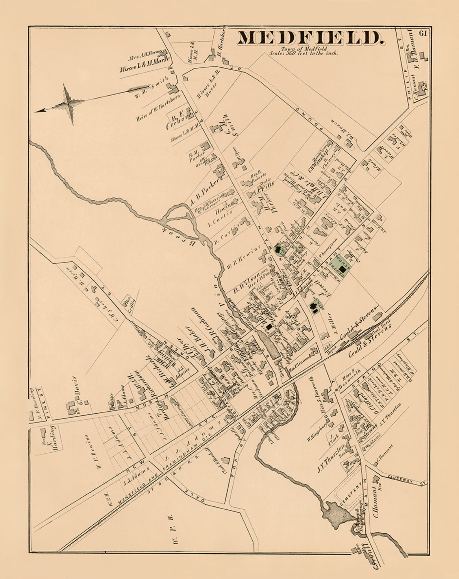 Village of MEDFIELD Massachusetts 1876 Map Replica or | Etsy
