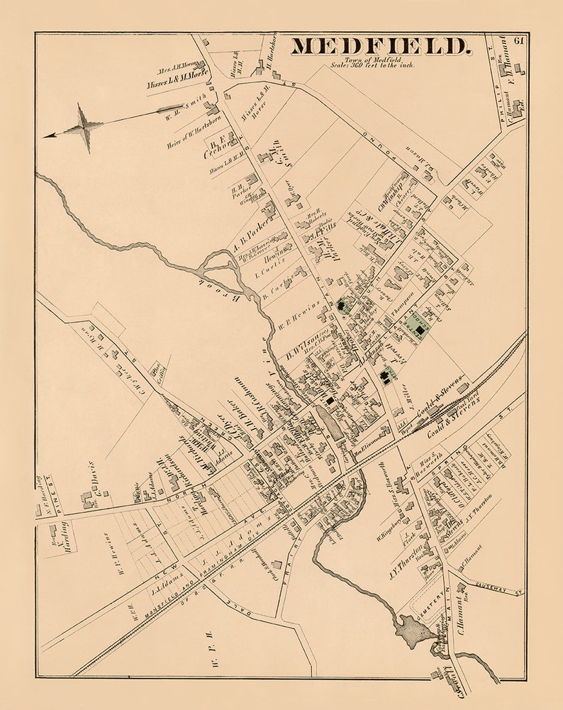 Village of MEDFIELD Massachusetts 1876 Map Replica or - Etsy