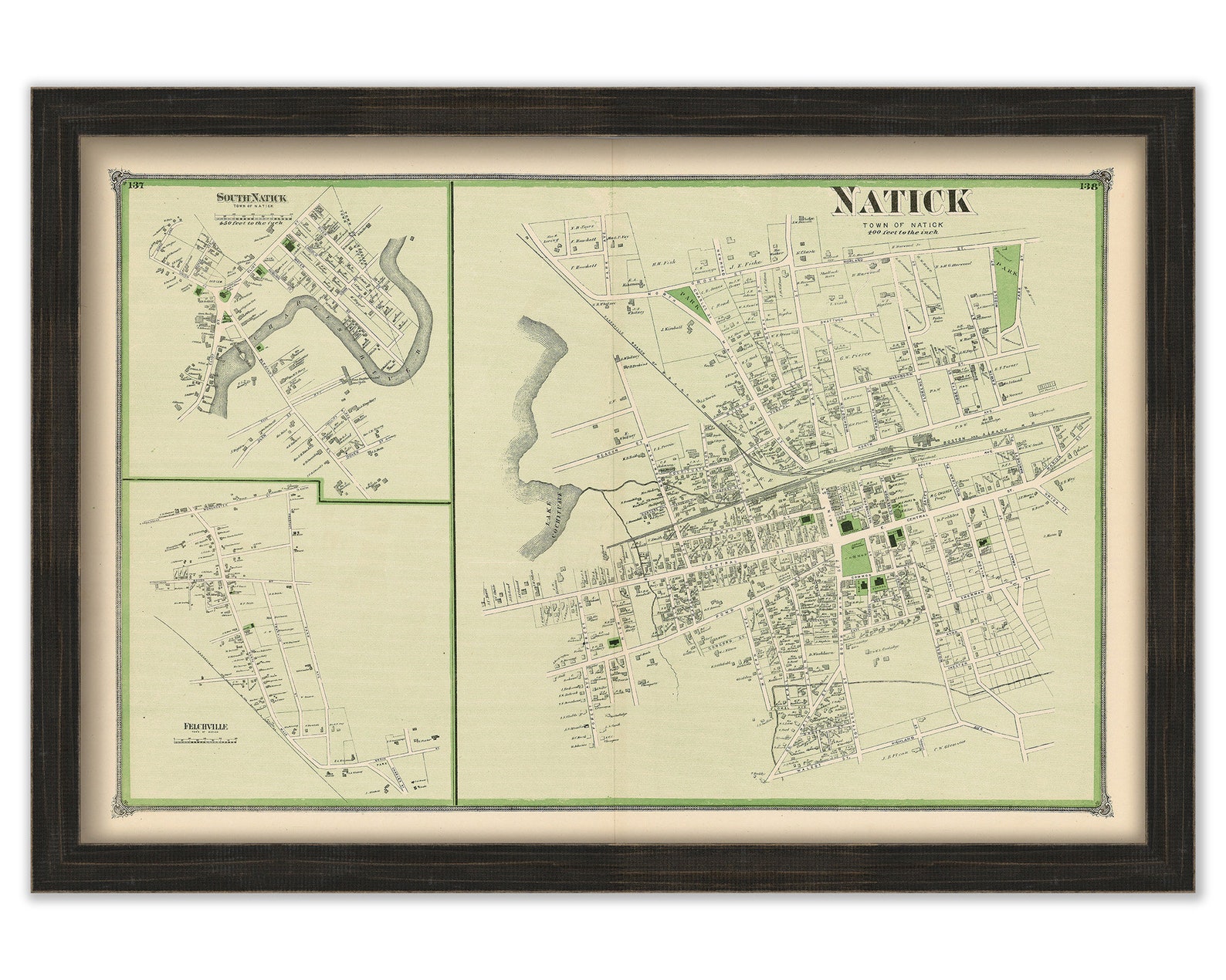 Village of NATICK Massachusetts 1875 Map Replica or Genuine | Etsy
