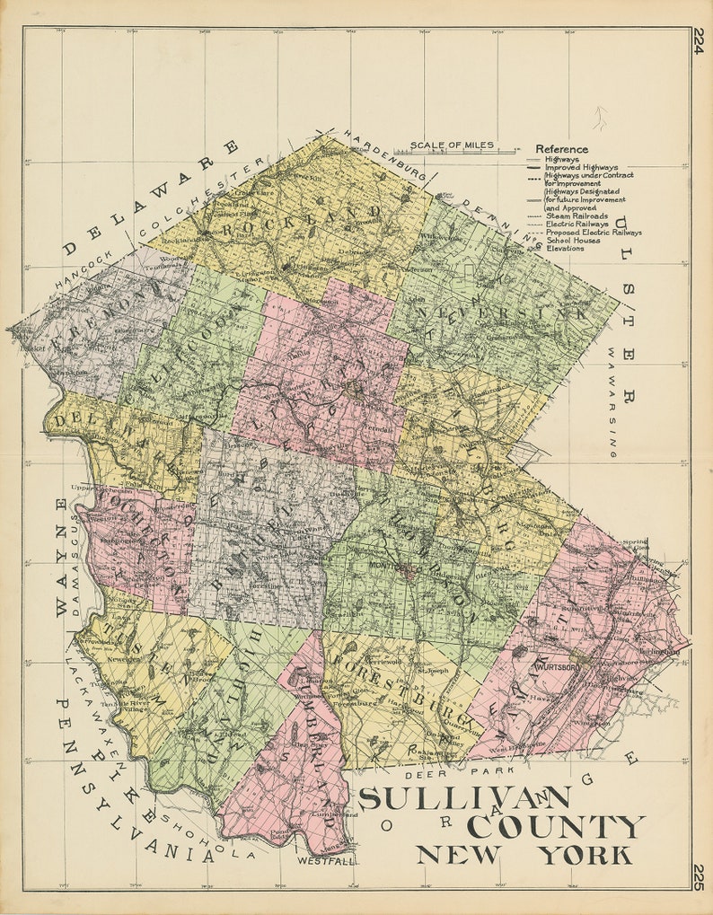 SULLIVAN County New York 1912 Map Replica or GENUINE - Etsy