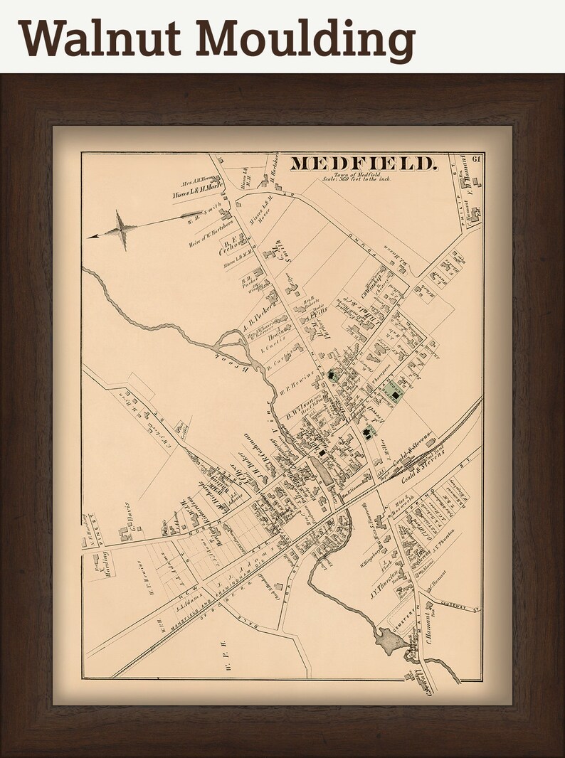 Village of MEDFIELD, Massachusetts 1876 Map - Replica or GENUINE ...