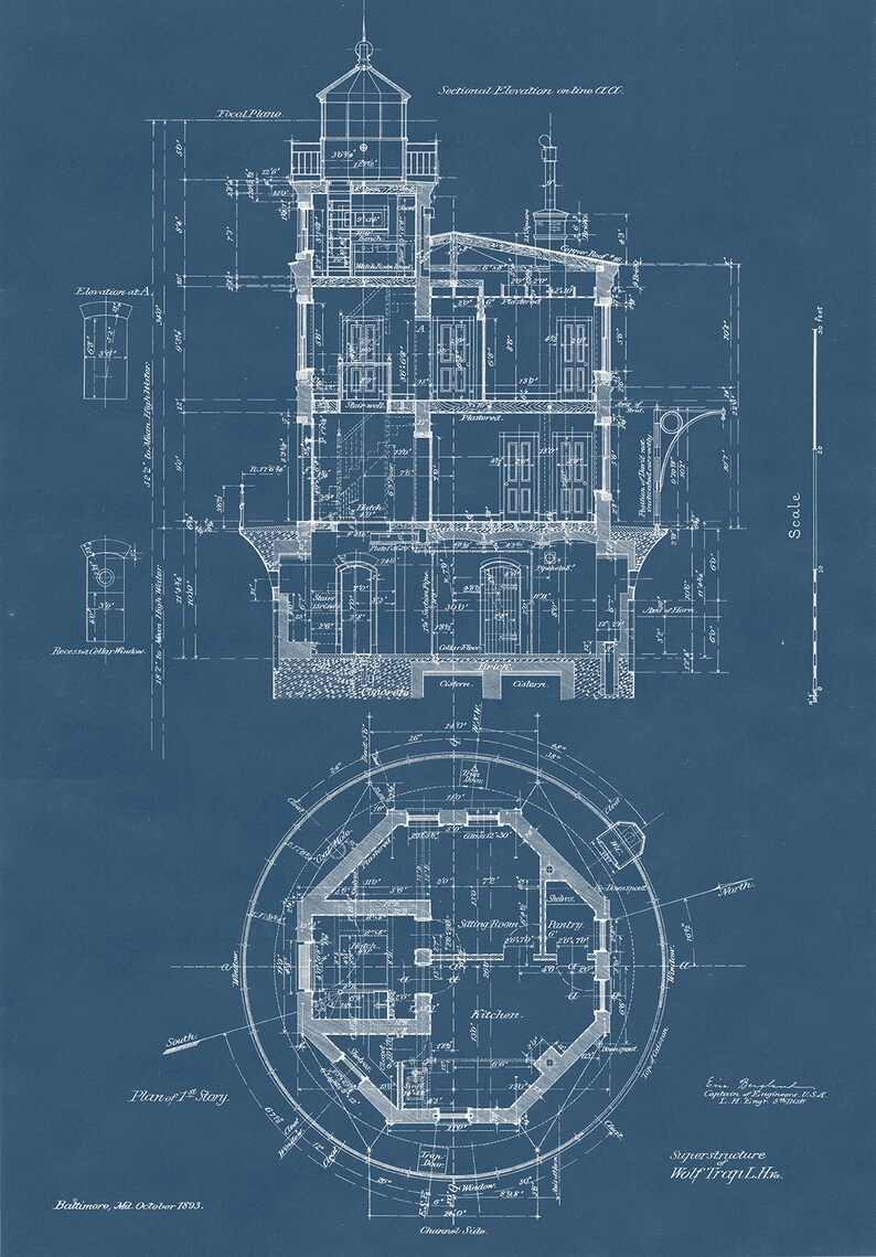 WOLF TRAP LIGHTHOUSE, Chesapeake Bay, Virginia - Blueprint Drawing and ...