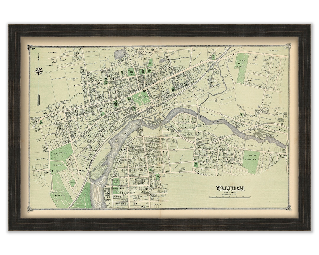Village of WALTHAM, Massachusetts 1875 Map - Replica or Genuine ...
