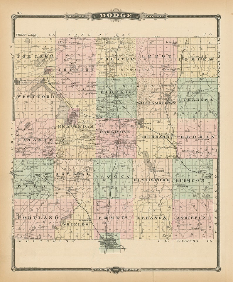 DODGE COUNTY Wisconsin 1878 Map Replica or Genuine Original - Etsy