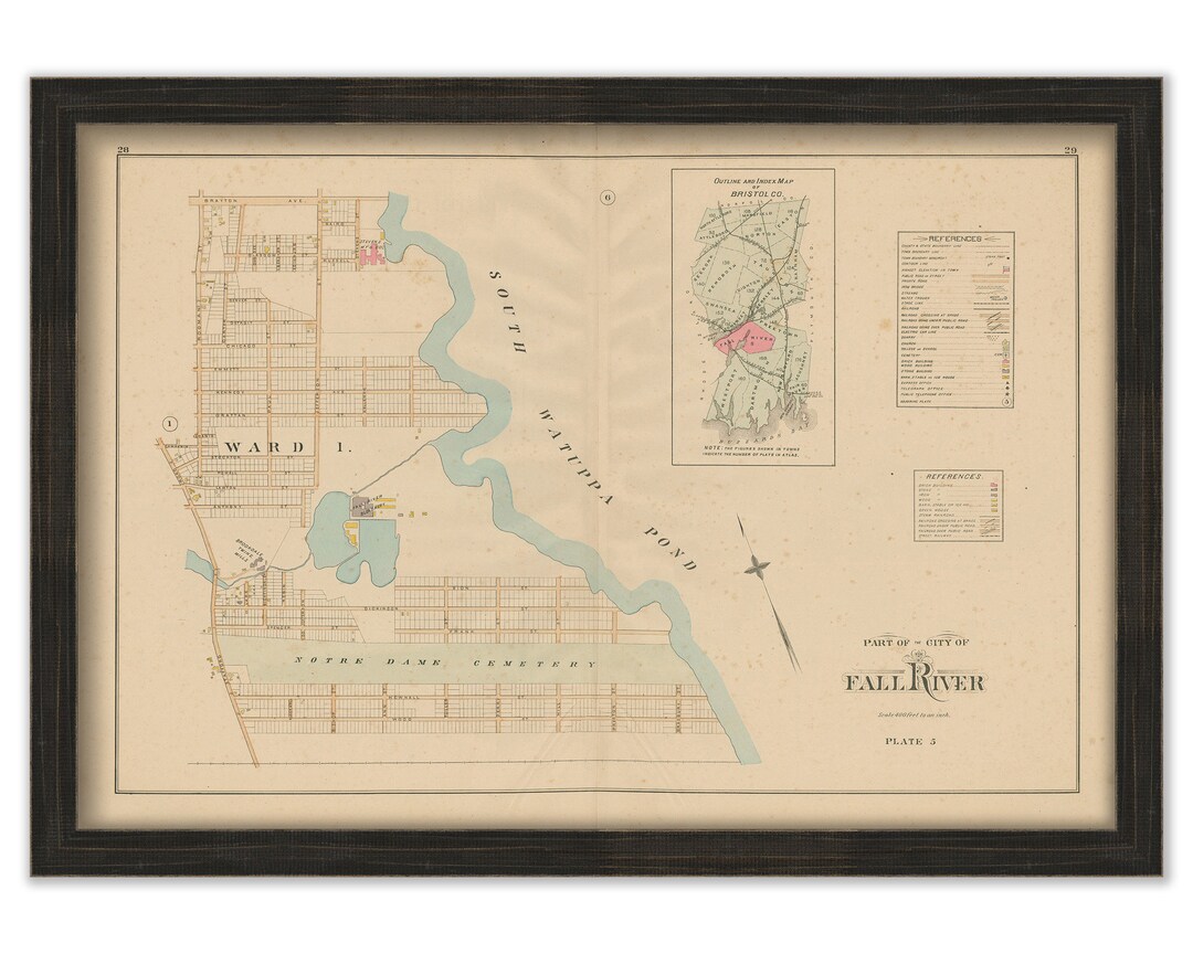 FALL RIVER, Massachusetts 1895 Map, Plate 5 - South Watuppa Pond ...