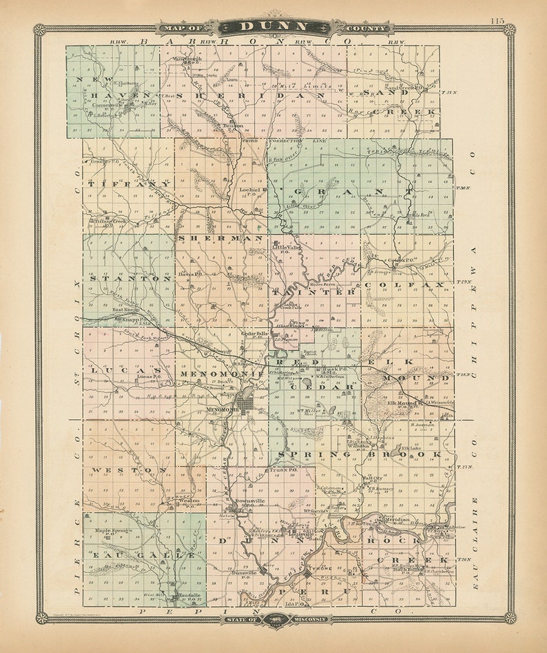 DUNN COUNTY Wisconsin 1878 Map Replica or Genuine Original - Etsy