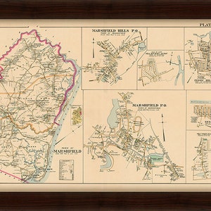 MARSHFIELD Town & Villages, Massachusetts 1903 Map Colored Reproduction ...