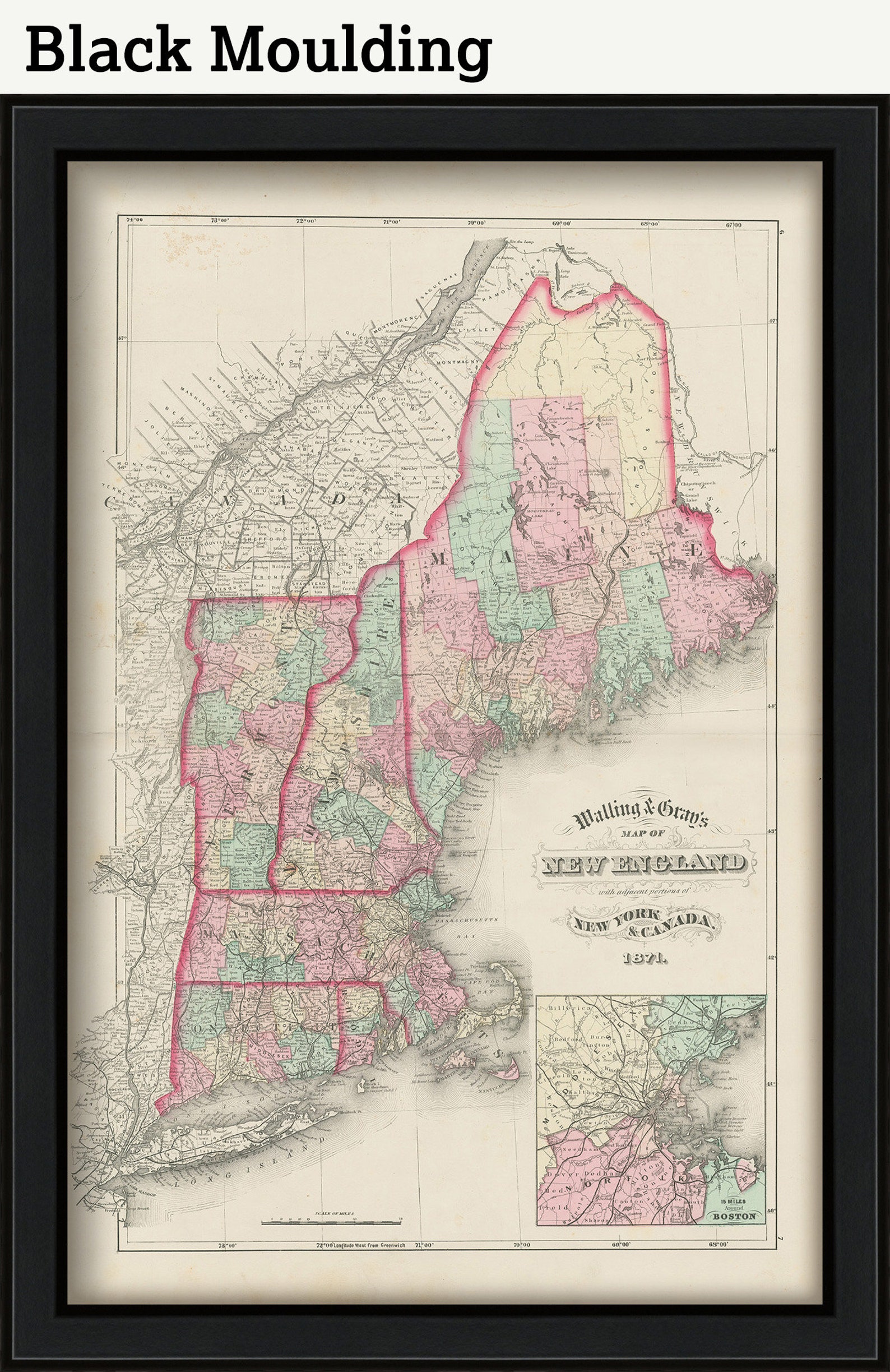 Map of NEW ENGLAND by Walling and Gray 1871 Replica or - Etsy
