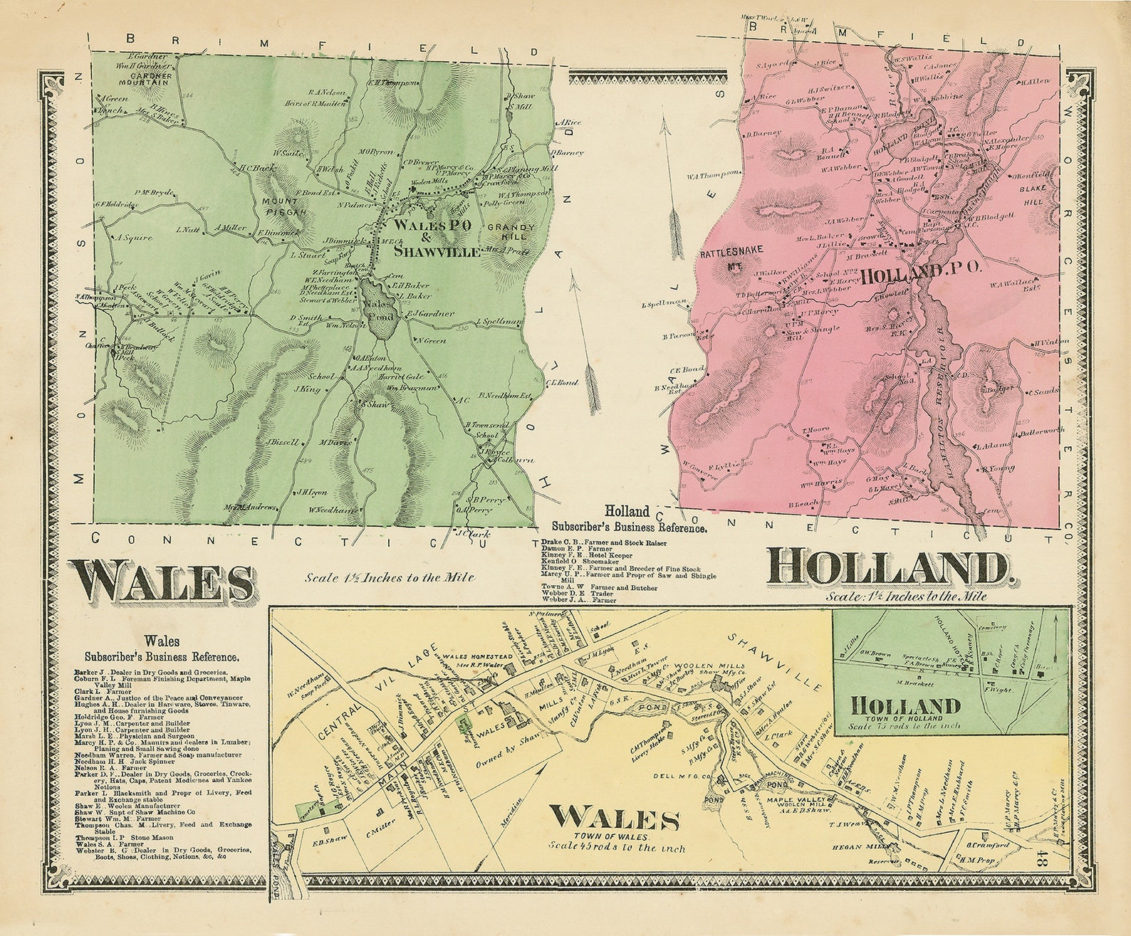 Towns of WALES and HOLLAND, Massachusetts 1870 Map - Etsy