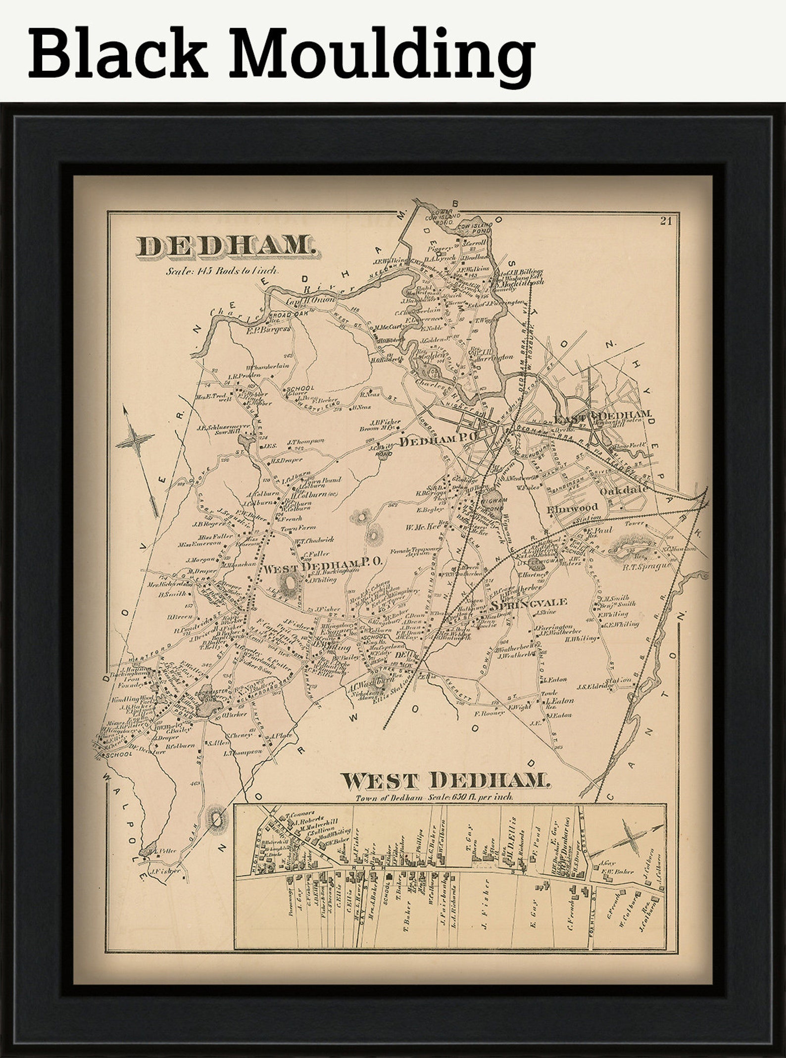 Town of DEDHAM Massachusetts 1876 Map Replica or GENUINE - Etsy