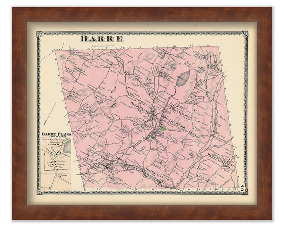 Town of BARRE Massachusetts 1870 Map | Etsy