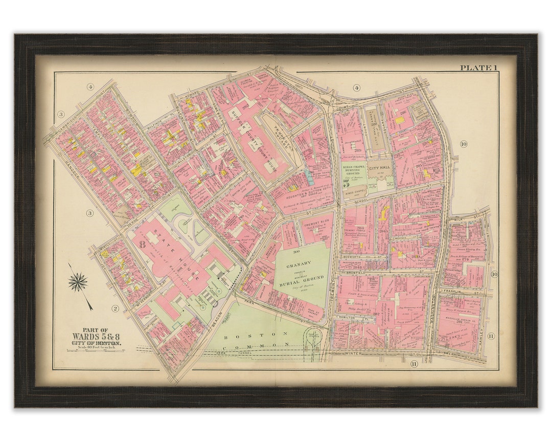 BOSTON, Massachusetts 1917 Map, Plate 1, State House, Scollay Square ...