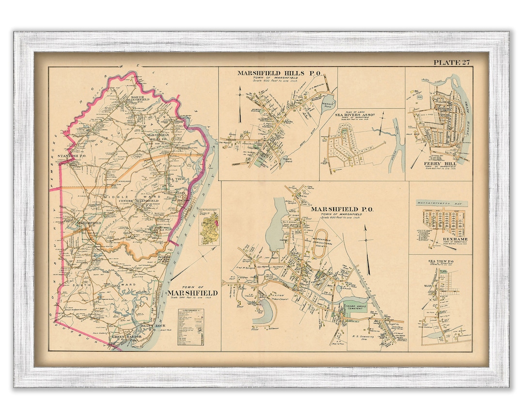 MARSHFIELD Town & Villages, Massachusetts 1903 Map Colored Reproduction ...