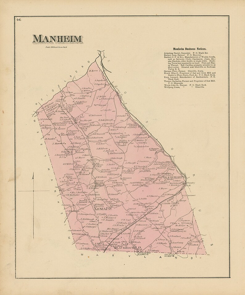 MANHEIM Pennsylvania 1876 Map Replica or Genuine ORIGINAL - Etsy
