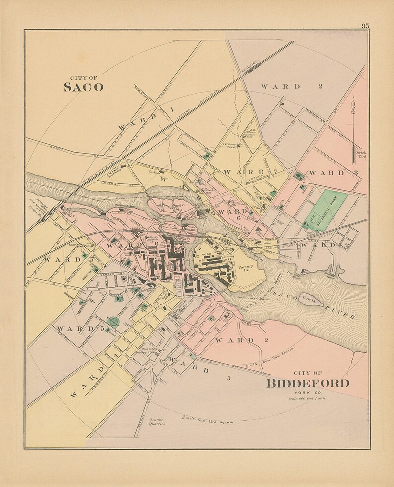 Biddeford and Saco Maine 1890 Map Replica or GENUINE | Etsy