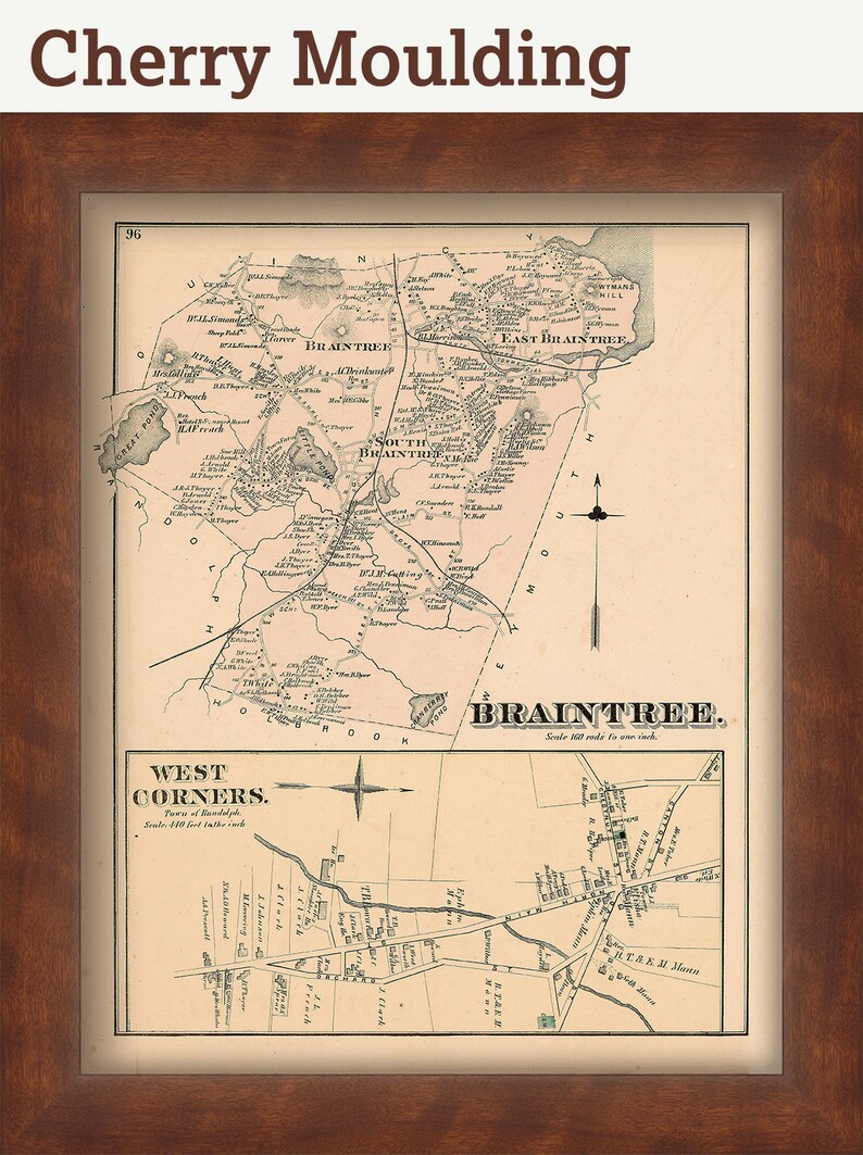 Town of BRAINTREE Massachusetts 1876 Map Replica or GENUINE | Etsy