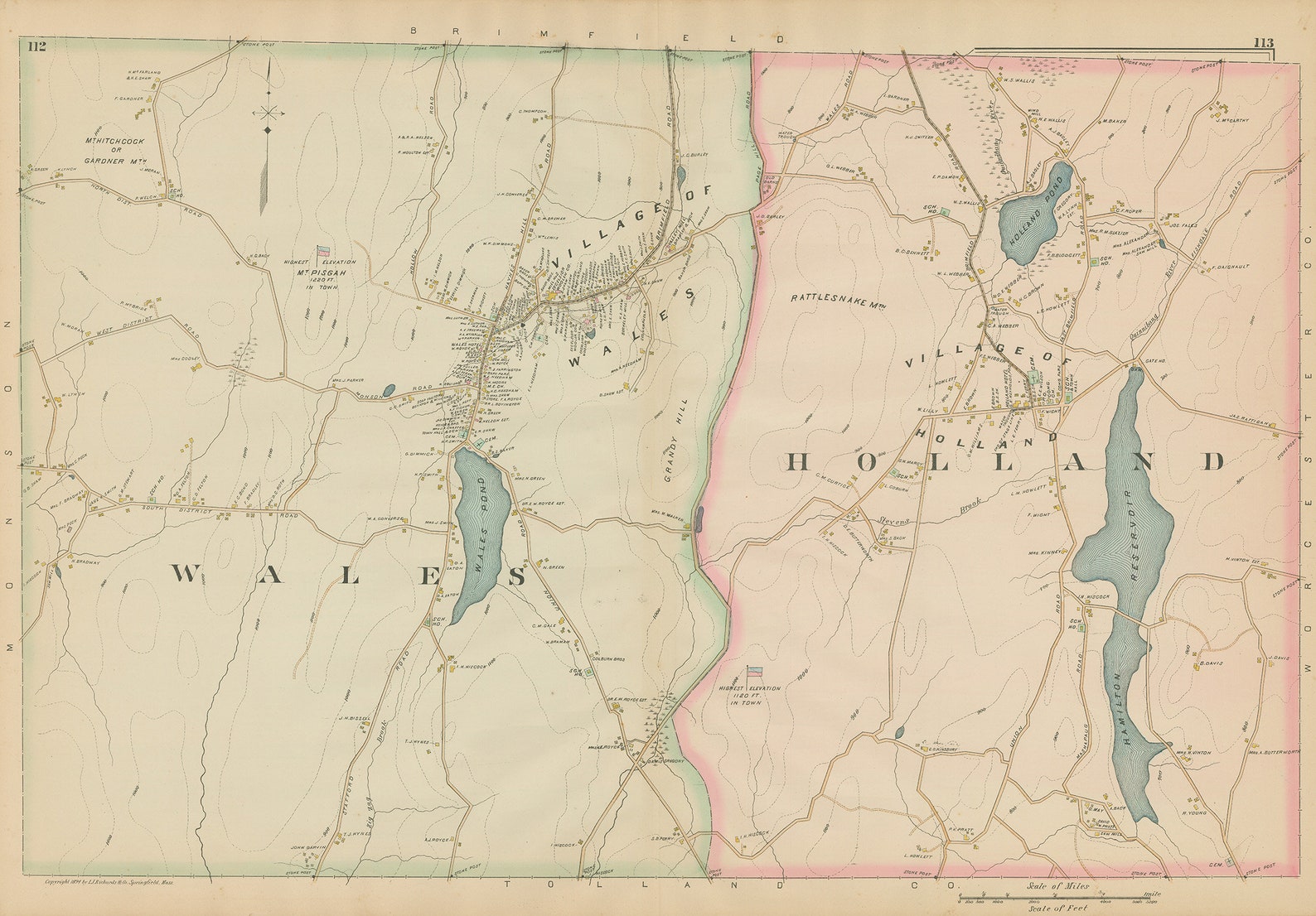 Towns of WALES and HOLLAND Massachusetts 1894 Map Replica - Etsy