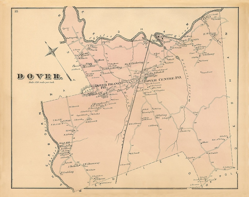 Town of DOVER Massachusetts 1876 Map Replica or GENUINE - Etsy
