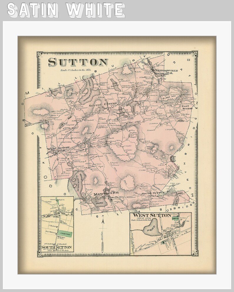 Town of SUTTON Massachusetts 1870 Map - Etsy
