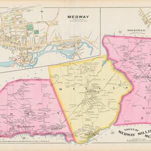 Towns of MEDWAY, MILLIS and MEDFIELD, Massachusetts 1888 Map - Etsy