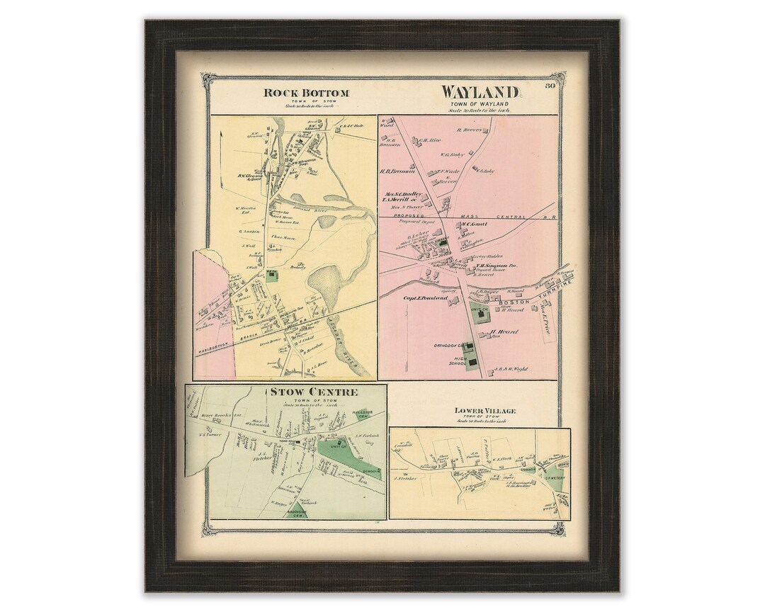 Villages of WAYLAND and STOWE, Massachusetts 1875 Map - Replica or ...