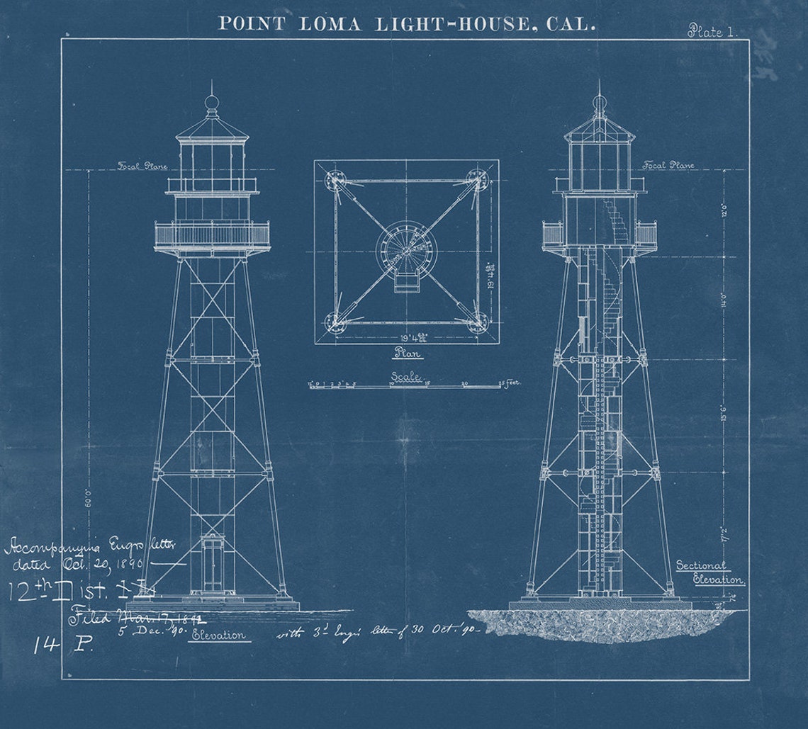 POINT LOMA LIGHTHOUSE California Blueprint Drawing and Plan - Etsy