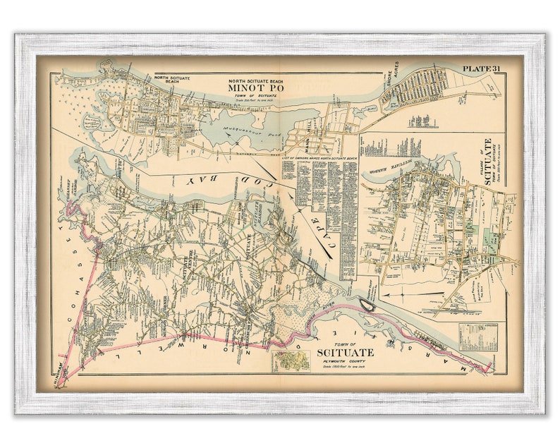 SCITUATE, Massachusetts Town & Villages 1903 Map Colored Reproduction ...