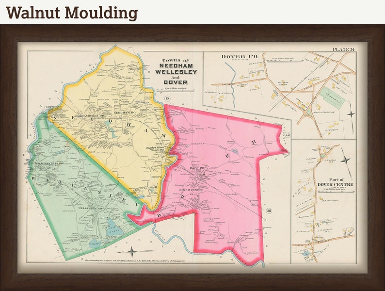 Towns of WELLESLEY NEEDHAM and DOVER Massachusetts 1888 Map | Etsy