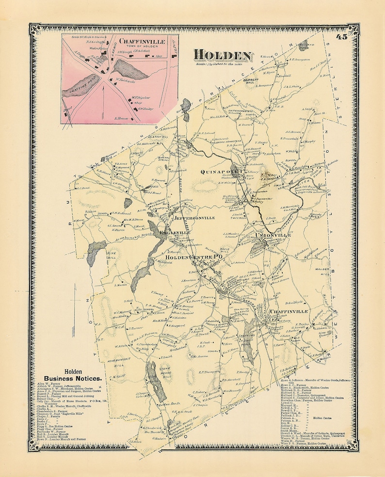 Town of HOLDEN Massachusetts 1870 Map | Etsy