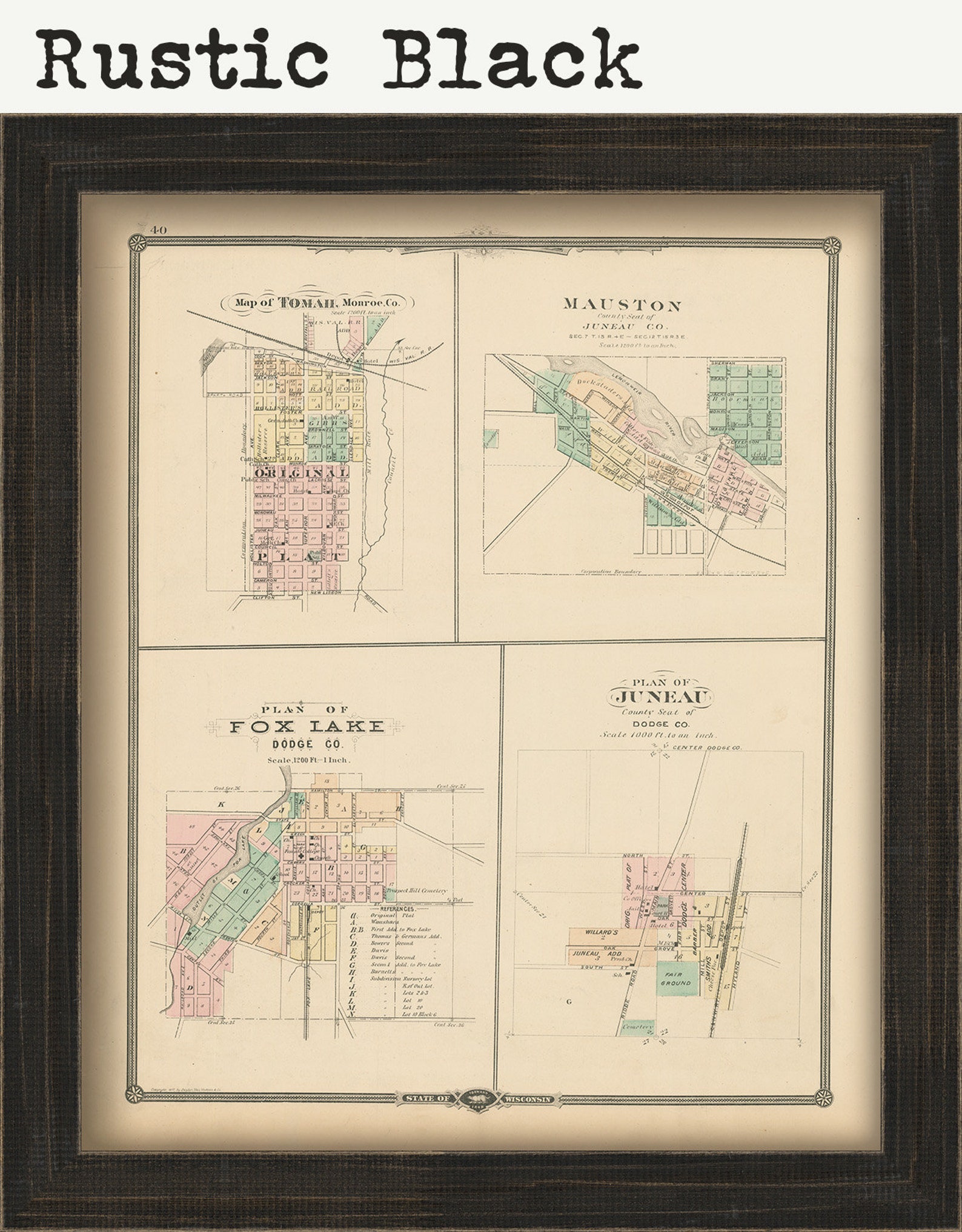 Tomah, Mauston, Fox Lake and Juneu, Wisconsin 1878 Map, Replica or ...