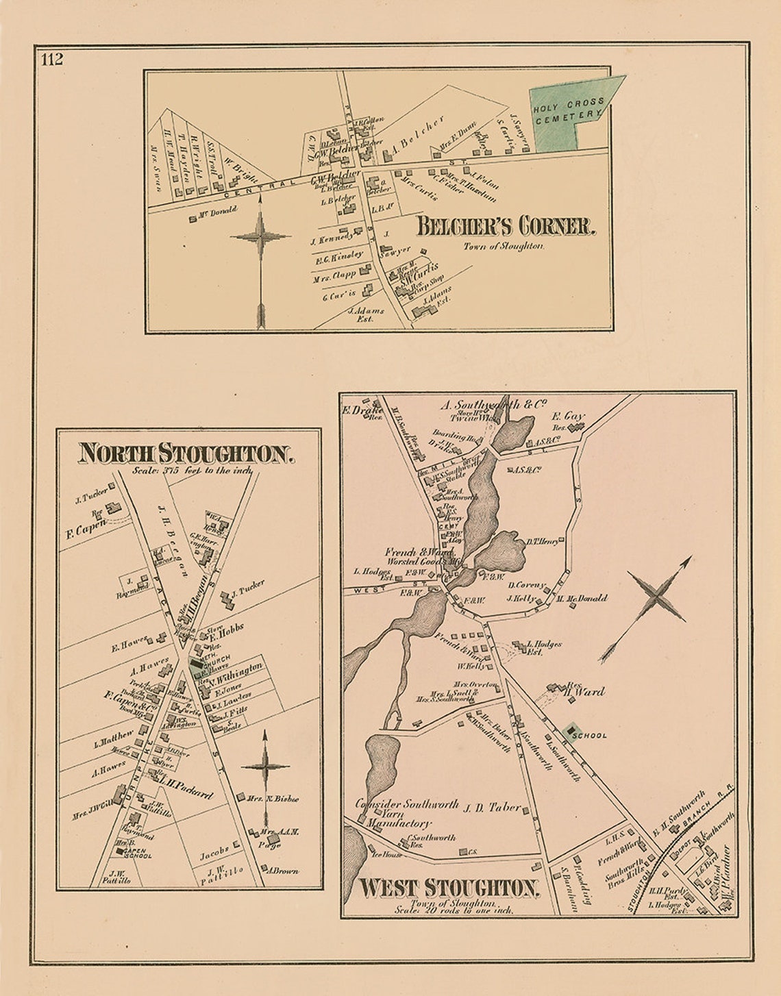 Villages of STOUGHTON Massachusetts 1876 Map Replica or | Etsy