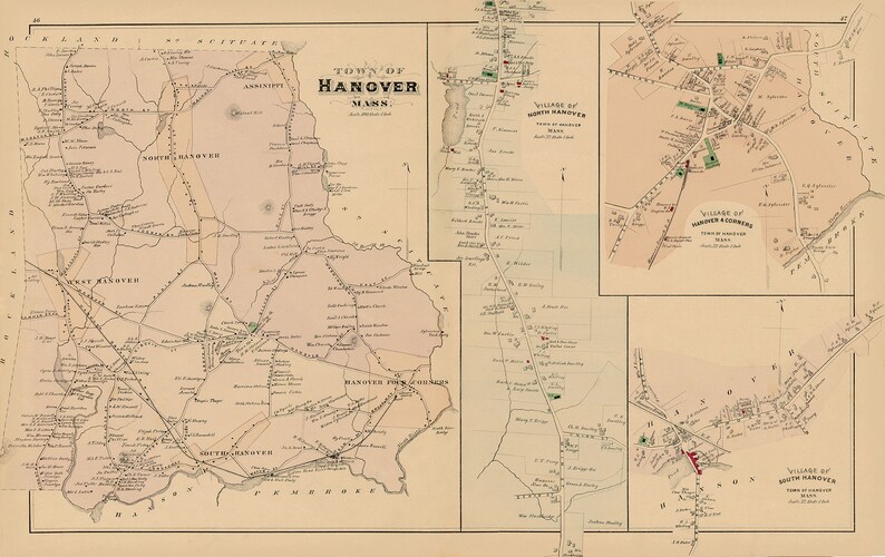 Town of HANOVER and VILLAGES Massachusetts 1879 Map Replica | Etsy