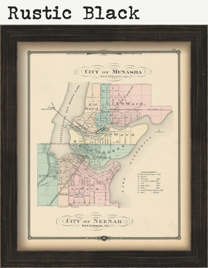 MENASHA and NEENAH Wisconsin 1878 Map Replica or Genuine | Etsy