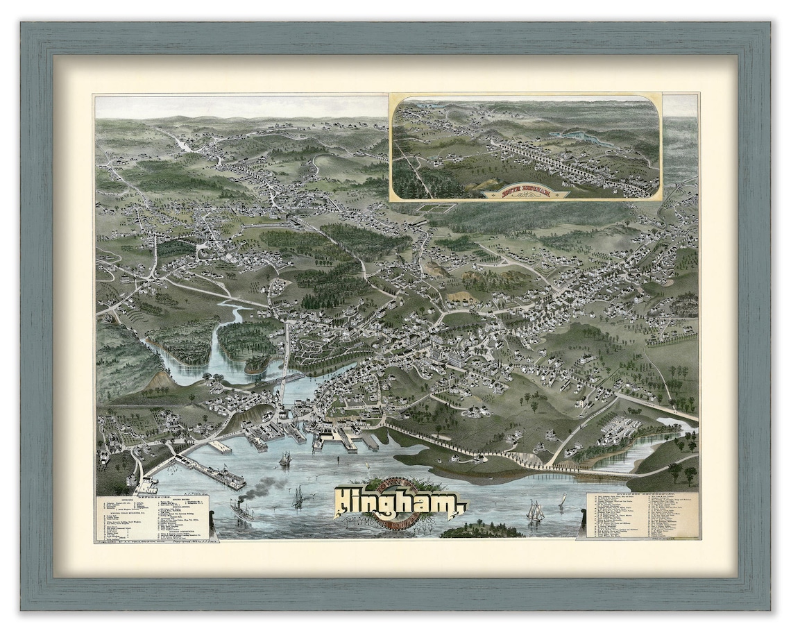 HINGHAM Massachusetts 1885 Bird's Eye View Map Colored - Etsy