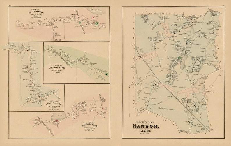 Town of HANSON and VILLAGES Massachusetts 1879 Map Replica - Etsy