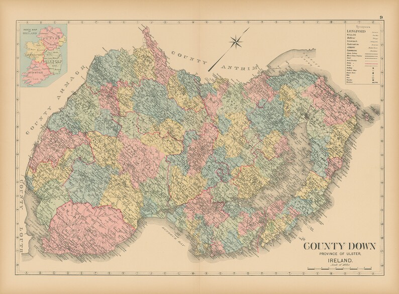 COUNTY DOWN, Ireland 1901 Map - Replica or GENUINE Original - Etsy