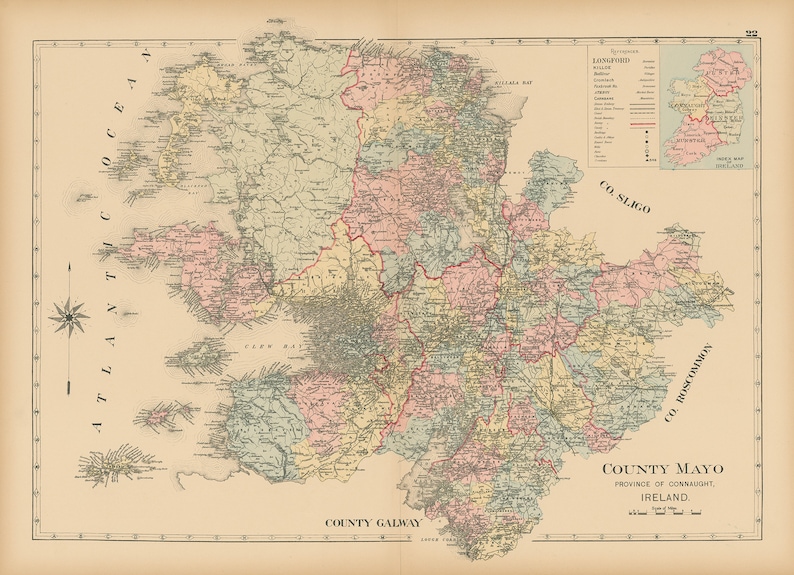COUNTY MAYO Ireland 1901 Map Replica or GENUINE Original | Etsy