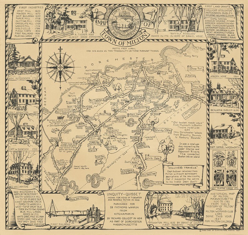 MILTON Massachusetts 1937 Historical/pictorial Map - Etsy