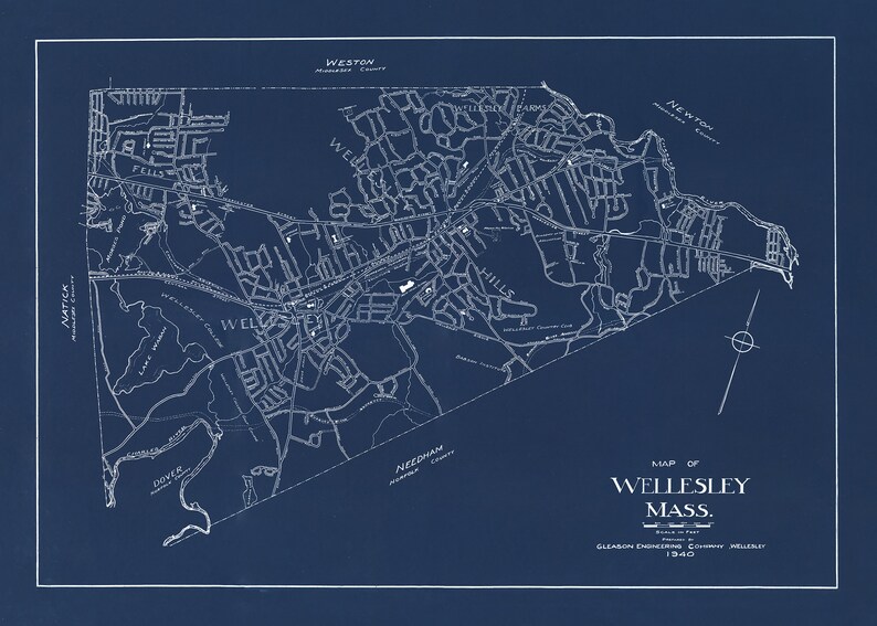 Wellesley Massachusetts Survey Map From 1940 Blue Print - Etsy